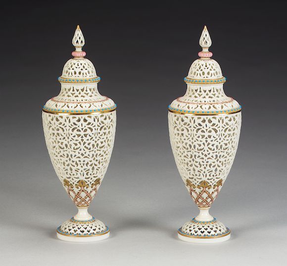 Bonhams : A pair of Grainger Worcester reticulated vases and covers ...