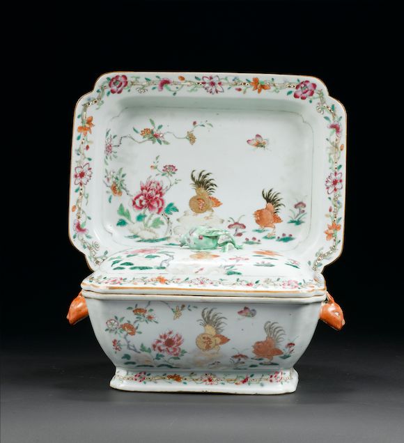 Bonhams : A famille rose oblong octagonal tureen, cover and stand 18th ...