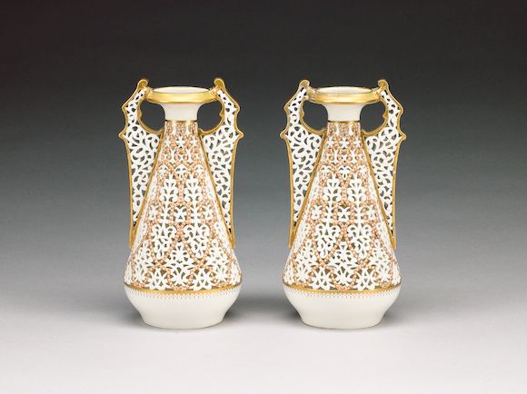 Bonhams : A pair of Grainger Worcester reticulated vases, circa 1880,