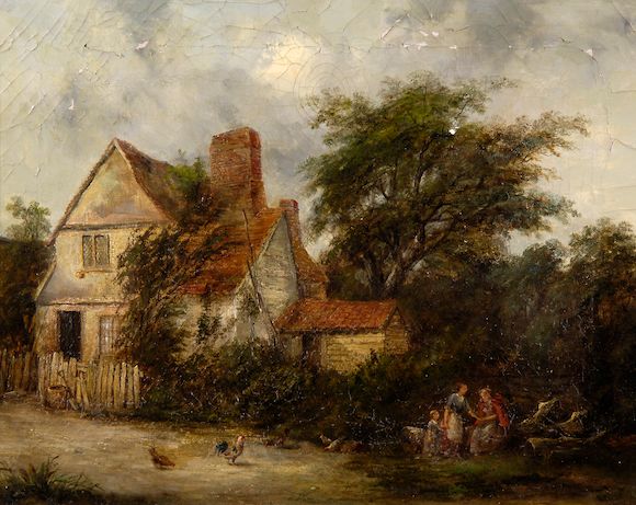 Bonhams : Robert Burrows (1810-1883) Figures seated on a log outside a ...