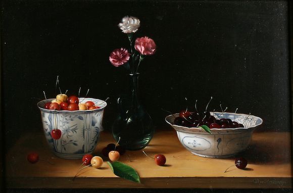 Bonhams : Daniele Perney (born 1940) Still life of cherries in blue and ...