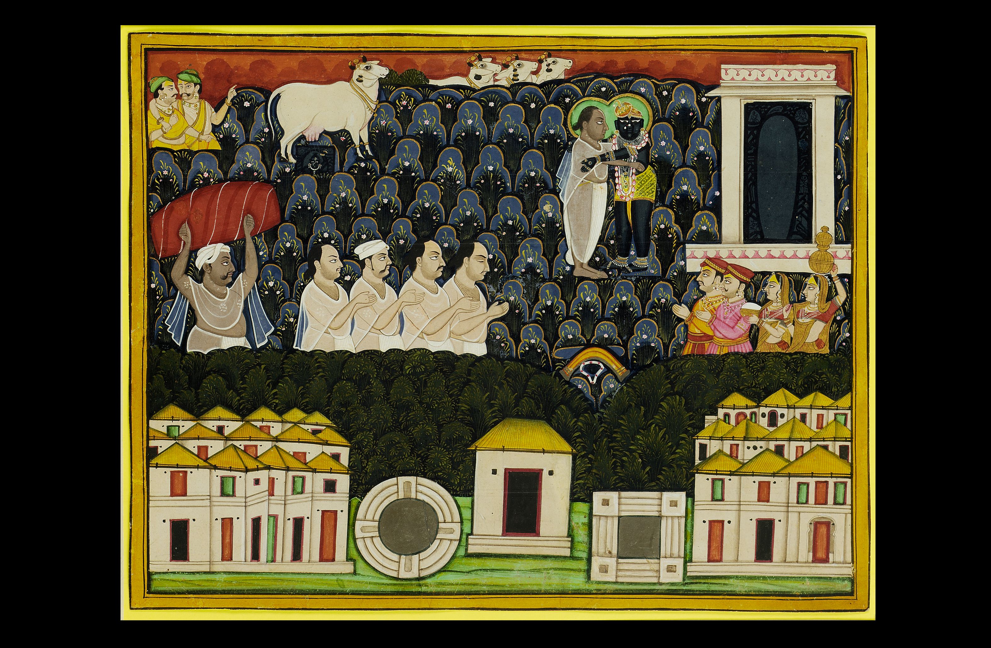 Sri Nath-Ji worshipped by a devotee in a temple alcove Nathdwara, circa ...