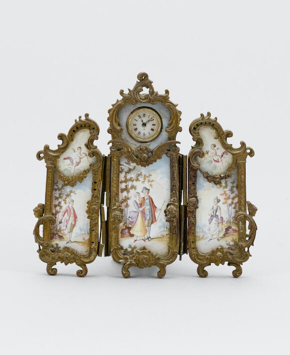 Bonhams : A 19th century Continental enamel decorated triptych screen timepiece