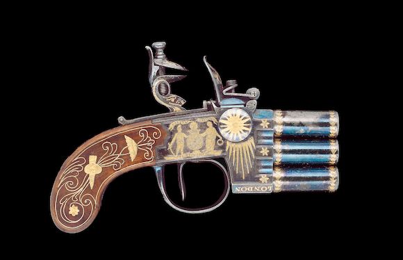 Bonhams : An Historic Gold-Inlaid 120-Bore Three-Barrelled Flintlock ...