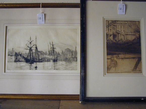 Bonhams : Harold Wyllie (1880-) Two ships at dock, signed in pencil, etching, 14.5 x 25cm ...