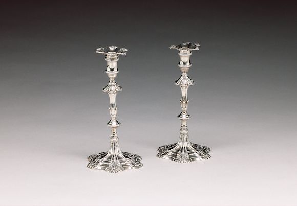 Bonhams : An early pair of George III cast silver candlesticks, with ...