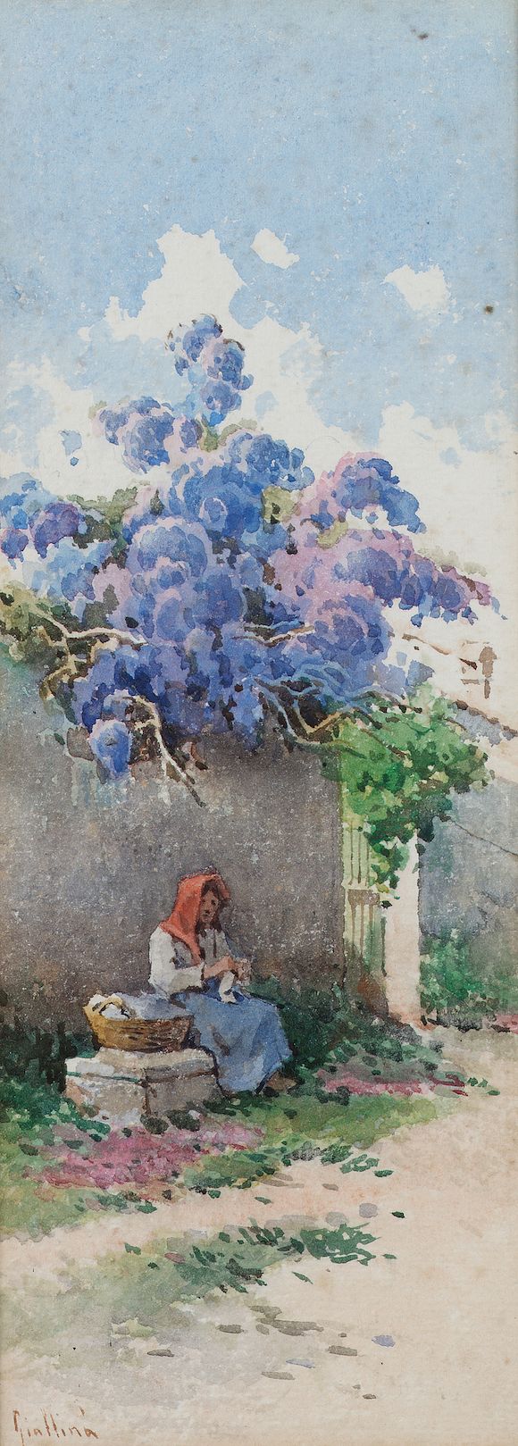 Bonhams : Angelos Giallina (1857-1939) A lady sitting beneath blossom 27.3 x 10.2 cm. (10 3/4 x ...