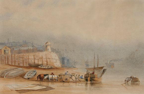 Bonhams : Joseph Axe Sleap River scene with figures unloading a boat ...
