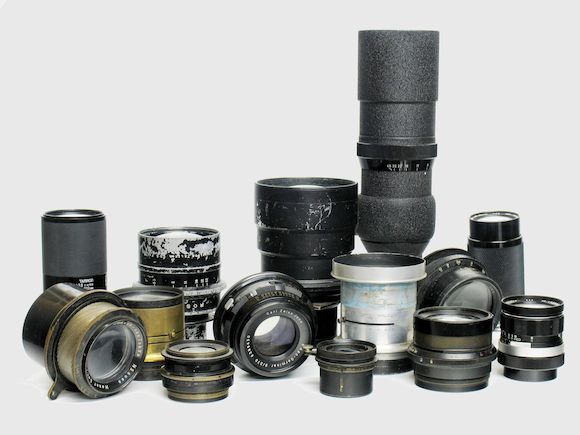 Bonhams : Large format camera lenses, fourteen, comprising an aluminium ...
