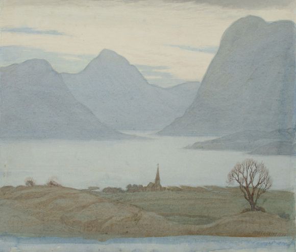 Bonhams : Henry Albert Payne (British 1868-1940) Church nestled in a mountain landscape.