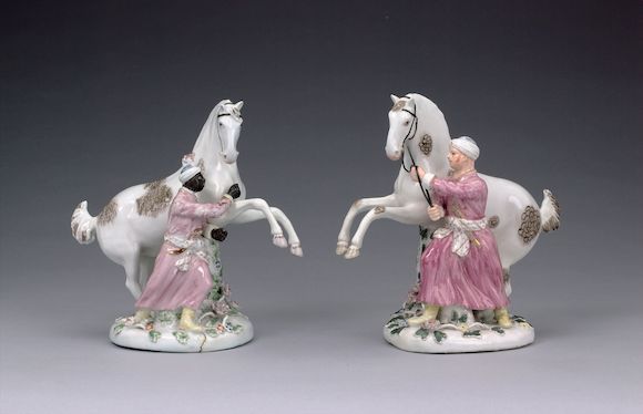 Bonhams : A pair of rare Longton Hall horses and their attendants circa ...