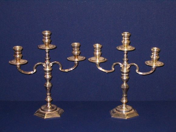 Bonhams : A pair of Irish silver two branch candelabra Dublin modern,