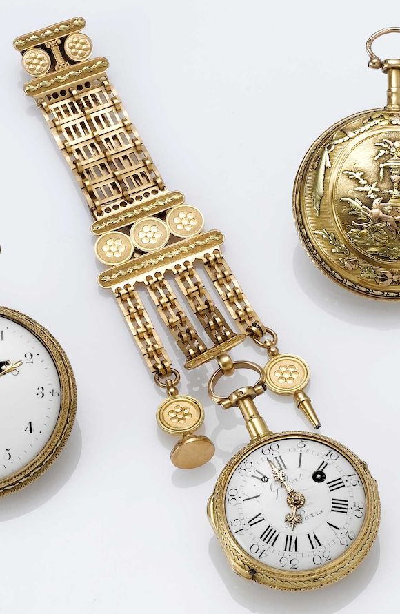 Bonhams : Swiss. An 18th century two colour gold decorated pocket watch ...