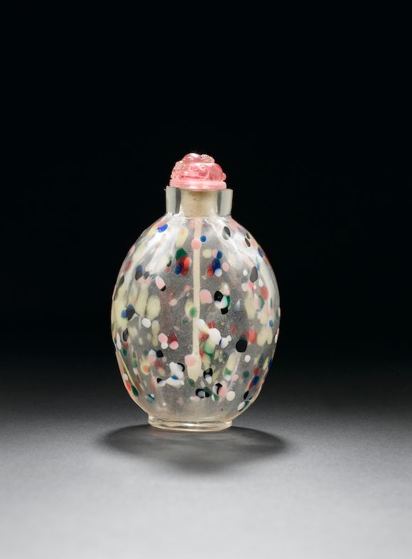 Bonhams : A brightly-mottled clear glass snuff bottle and stopper 1750-1850