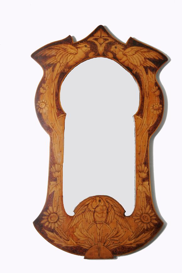 Bonhams : A pyrography beech frame wall mirror