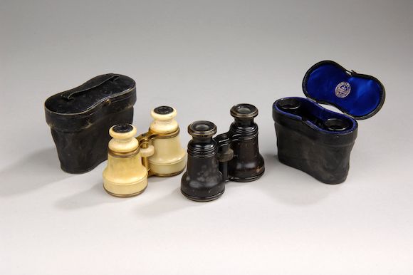 Bonhams : A pair of ivory opera glasses in leather case