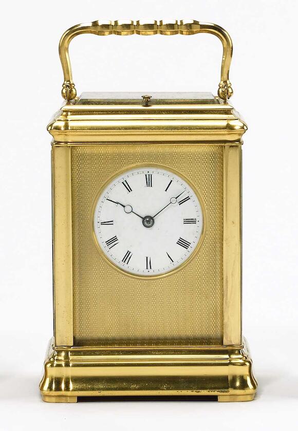 Bonhams : A good late 19th century French gilt brass carriage clock with Soldano platform in a ...