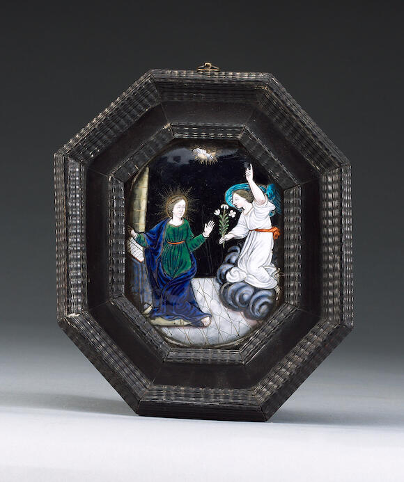 Bonhams : A French Limoges enamel plaque of the Annunciation, the Virgin Mary and Angel Gabriel ...
