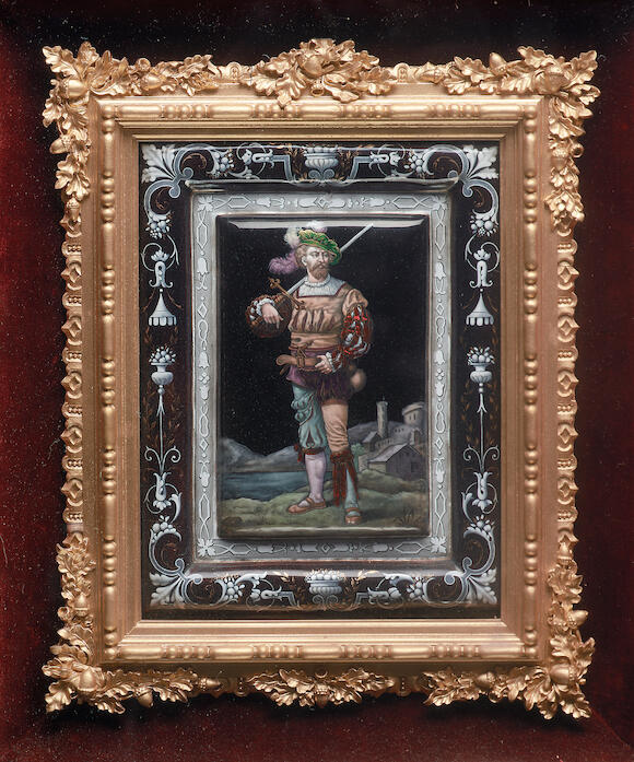 Bonhams : A 19th century Limoges enamel plaque depicting a full length figure of a cavalier
