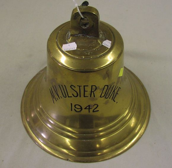 Bonhams : A brass ship's bell, "MV Ulster Duke" 1942 12x12in(31x31cm)