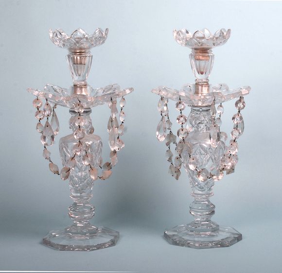 Bonhams : A pair of Irish style cut glass candlesticks 20th Century,