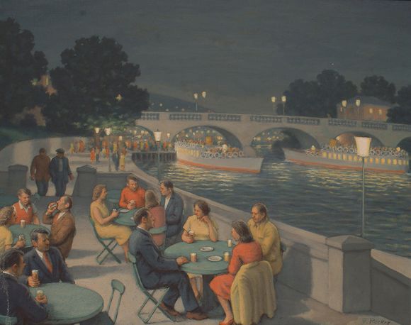 Bonhams : Fermin Rocker (British, 1907-2004) Evening cafe scene by a river.