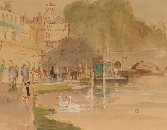 Bonhams : Roland Batchelor (British, 1889-1990) Swans at Richmond Bridge.