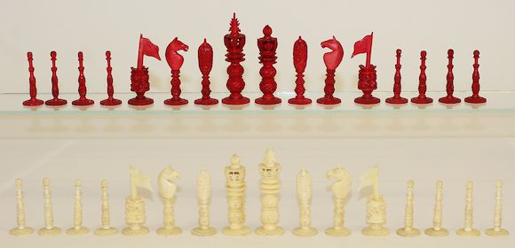 Bonhams : A 19th century Chinese export 'Burmese' ivory chess set