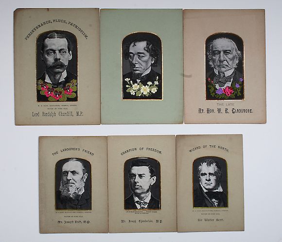 Bonhams : A small group of Stevengraph style silk portraits of politicians