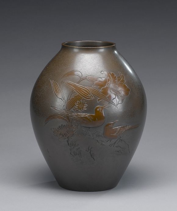 Bonhams : A bronze oviform vase, decorated with a kacho-ga depicting ...