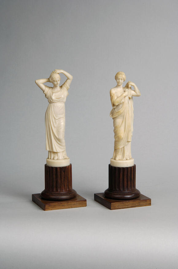 Bonhams : A pair of 19th Century Continental carved ivory figures of classical maidens