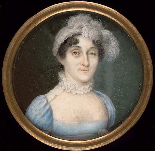 Bonhams : French School, A Lady, wearing blue dress with gauze fill-in ...