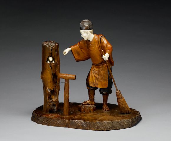 Bonhams : A sectional wood and ivory okimono of a Saurumawashi [Monkey ...