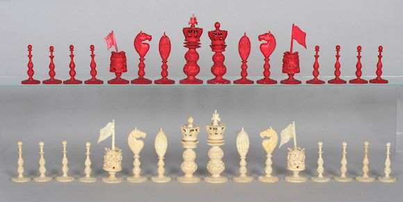 Bonhams : A 19th century Chinese export 'Burmese' ivory chess set