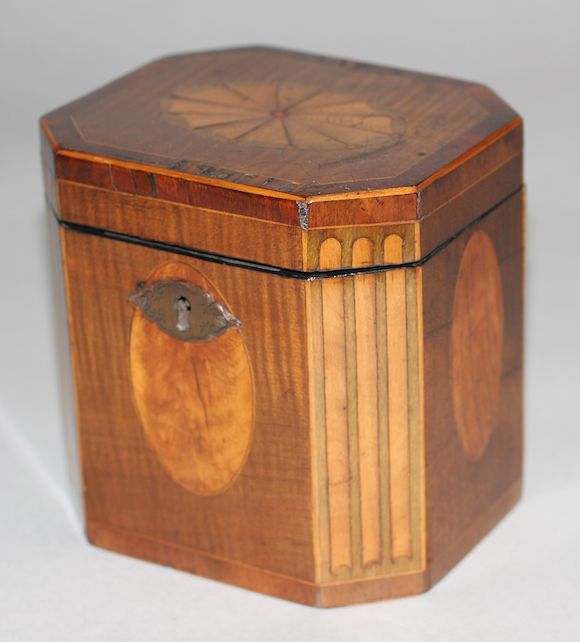 Bonhams : A George III stained sycamore and inlaid octagonal tea caddy