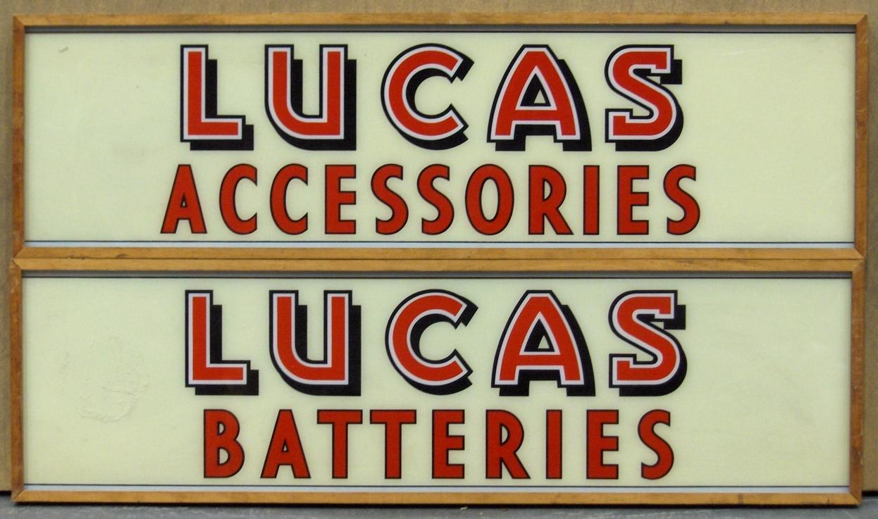Bonhams Cars : Two Lucas glass advertising signs,