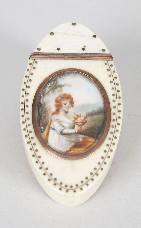 Bonhams : A Georgian ivory snuff box of navette form