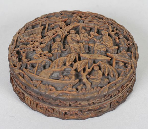 Bonhams : A Cantonese carved tortoiseshell circular table or snuff box