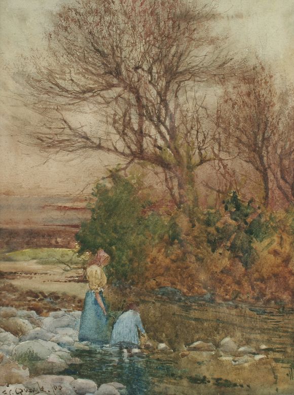 Bonhams : Edward Christian Quayle Figures by a stream, 28 x 22 cm.