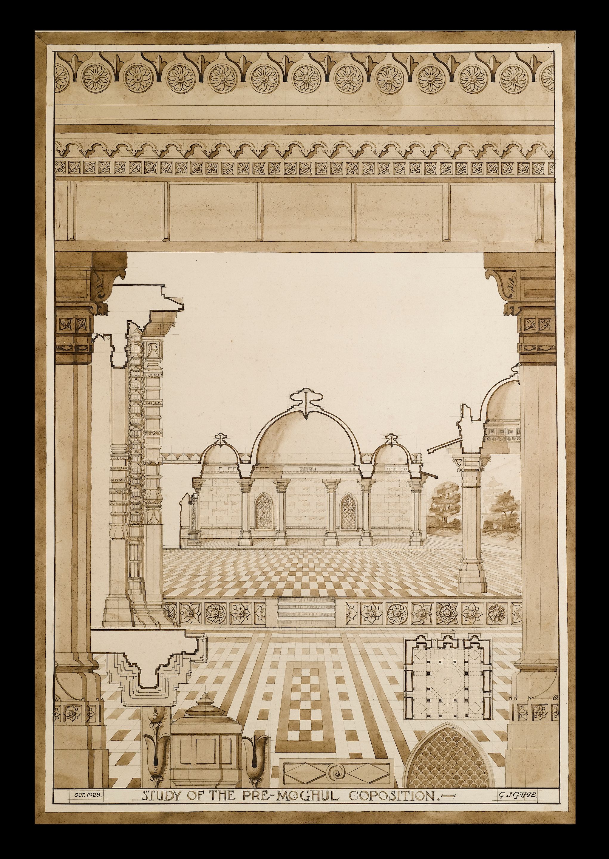 Six architectural drawings: a Mughal monument, the Mandal Sayyidi ...