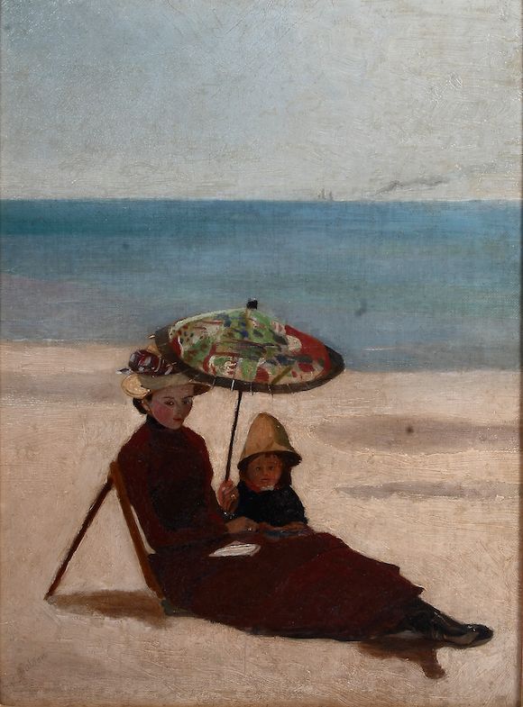 Bonhams : A P Watson 19th Century Mother and child on the beach, 37cm x ...