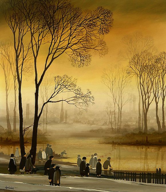 Bonhams : Brian Shields (Braaq) (1951-1997) Figures beside a pond with ...