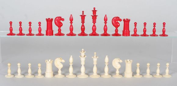 Bonhams : An early-mid 19th century Calvert style ivory chess set