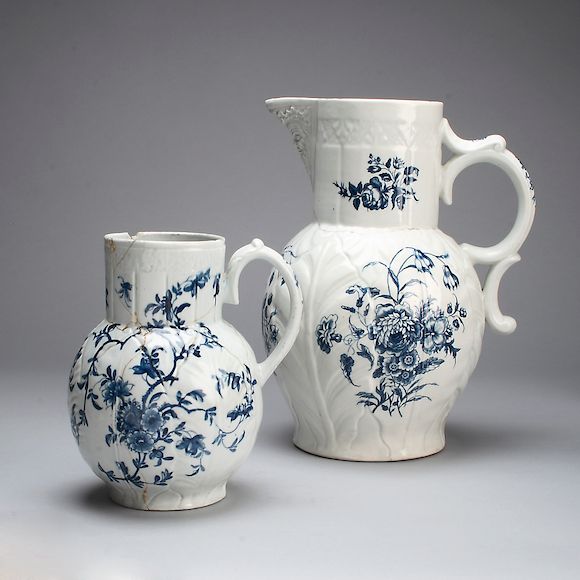 Bonhams : A large blue and white Worcester mask jug circa 1770-75,