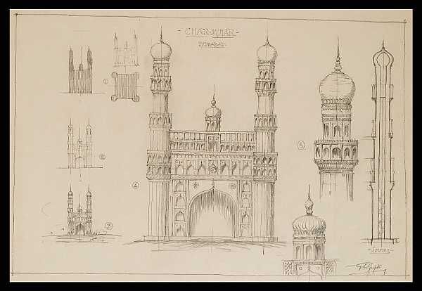 Eight architectural drawings: five of buildings and temples at ...