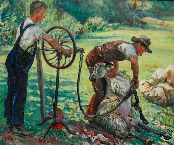 Bonhams : Dame Laura Knight R.A., R.W.S. (1877-1970) Sheep Shearing 63. ...