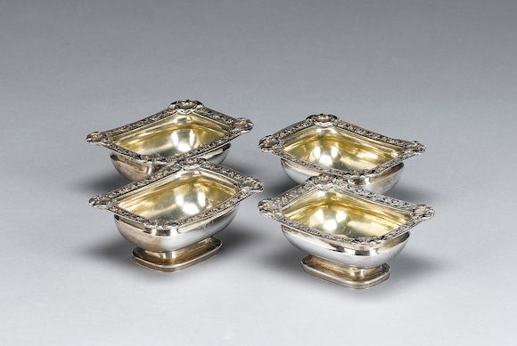 Bonhams : Two similar pairs of George III silver rectangular salt ...