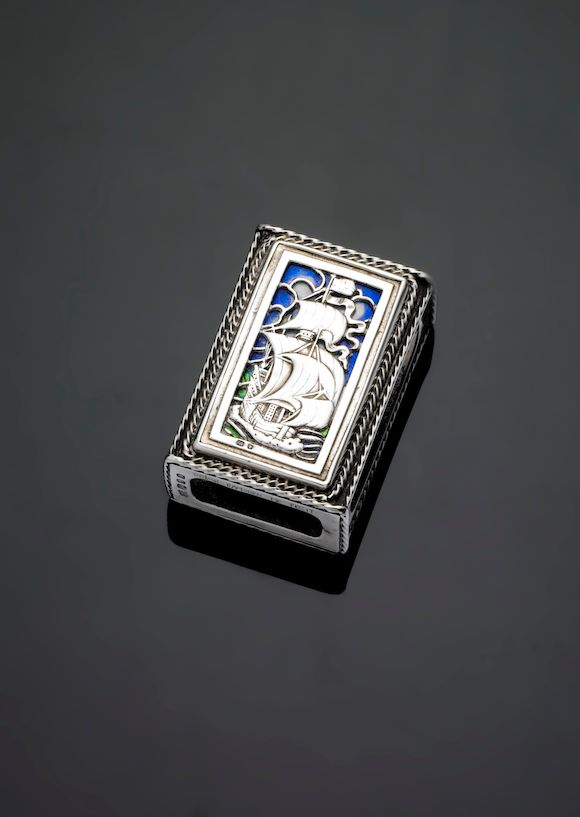 Bonhams : A silver and enamel vesta/match box cover, by Omar Ramsden ...