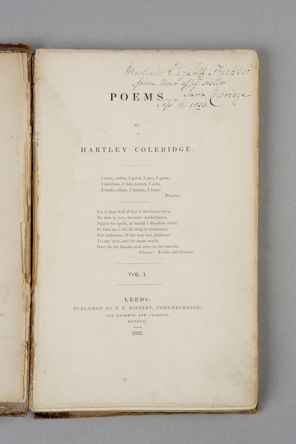 Bonhams : COLERIDGE (HARTLEY) Poems, vol. 1 (all published)