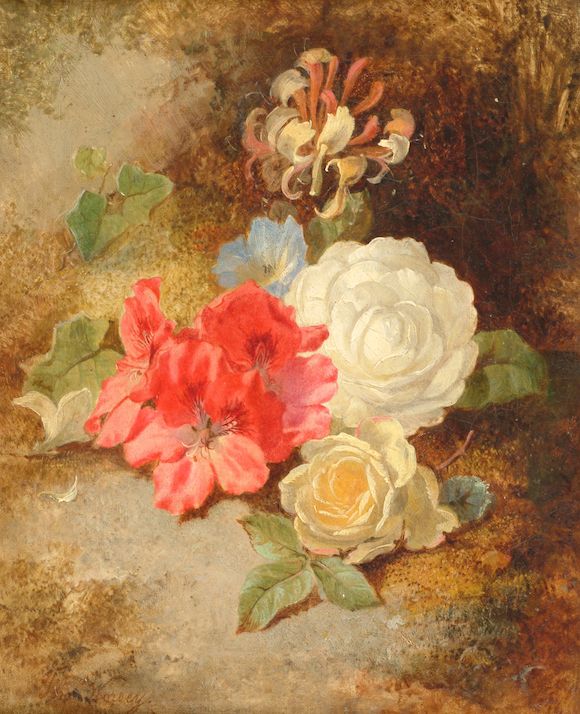 Bonhams : Thomas Worsey (1829-1875) Flowers on a mossy bank,